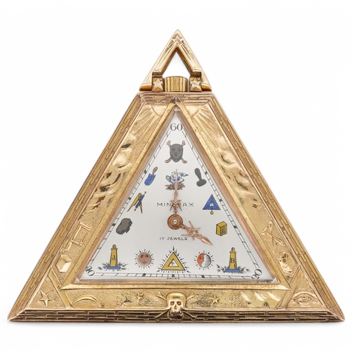 A cased gold plated Minimax Masonic triangular pocket watch, with ...