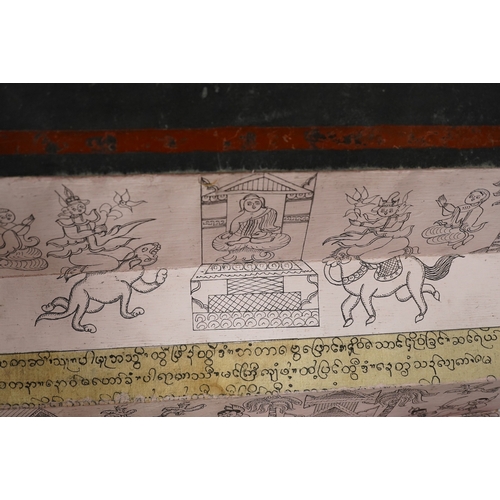 A Burmese Buddhist folding sutra with painted decoration, 40cm wide ...