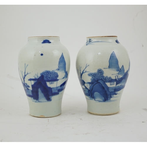 A pair of Chinese Transitional blue and white landscape jars, probably ...