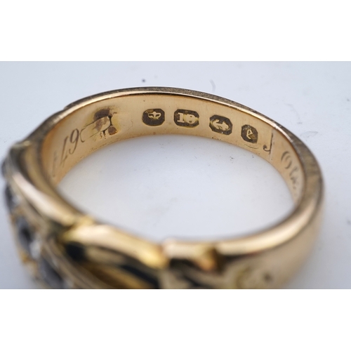 A Victorian enamel and diamond mourning ring, circa 1872, of foliate ...