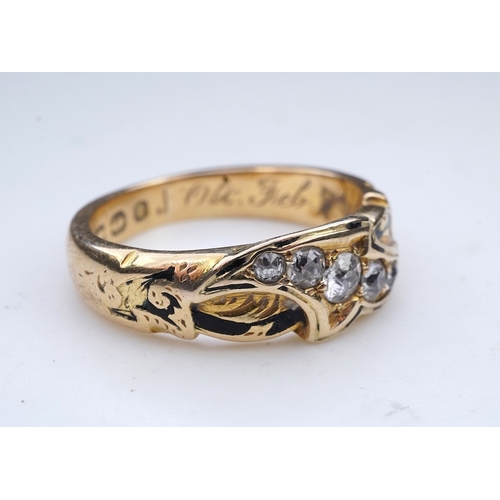A Victorian enamel and diamond mourning ring, circa 1872, of foliate ...