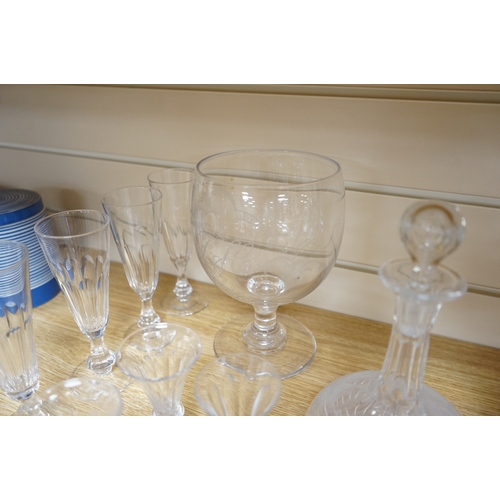 A collection of assorted drinking glassware including sets of decanters ...