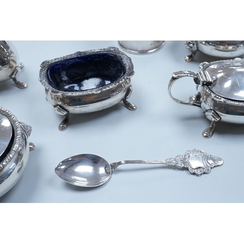 Two George VI silver three piece condiment sets by Walker & Hall ...