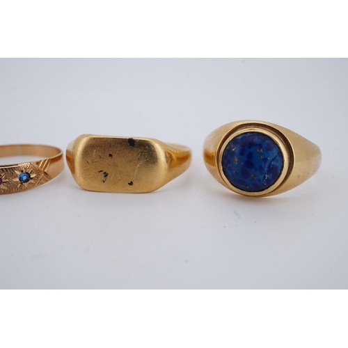 Five gold rings, comprising: an 18ct gold and turquoise ring, British ...