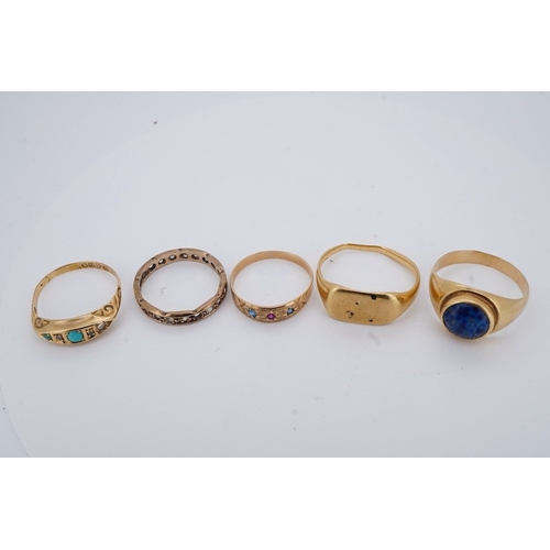 Five gold rings, comprising: an 18ct gold and turquoise ring, British ...