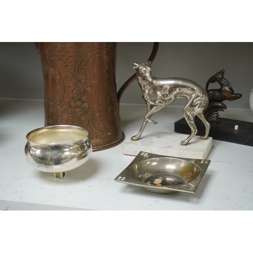 A pair of French Art Deco stag bookends, a chrome Greyhound mounted on ...