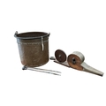 A Victorian brass mounted oak fire bellows, a circular copper log bin ...
