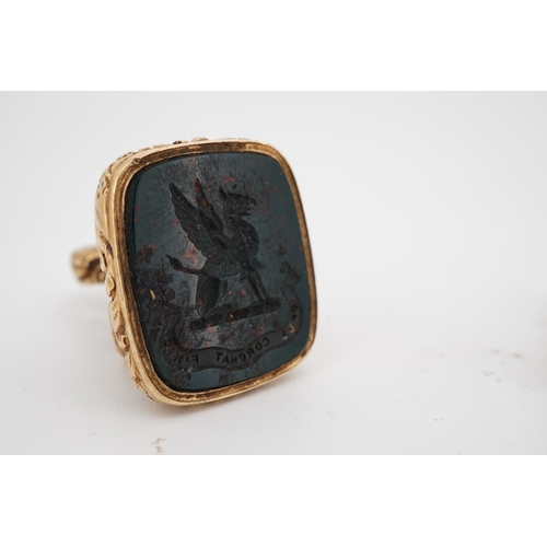 A 19th century yellow metal overlaid and bloodstone set fob seal, the ...
