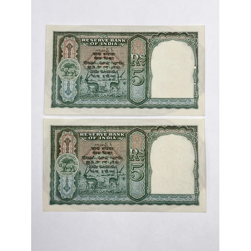 Reserve Bank of India banknotes;three 5 Rupees, (1943), front facing ...