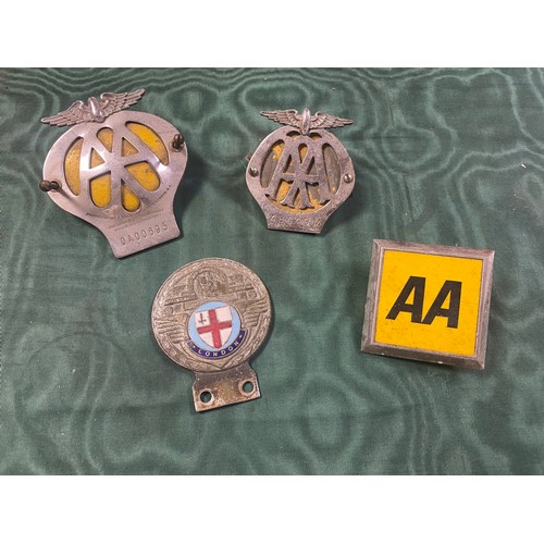 Automobilia: a City of London car badge and three AA badges