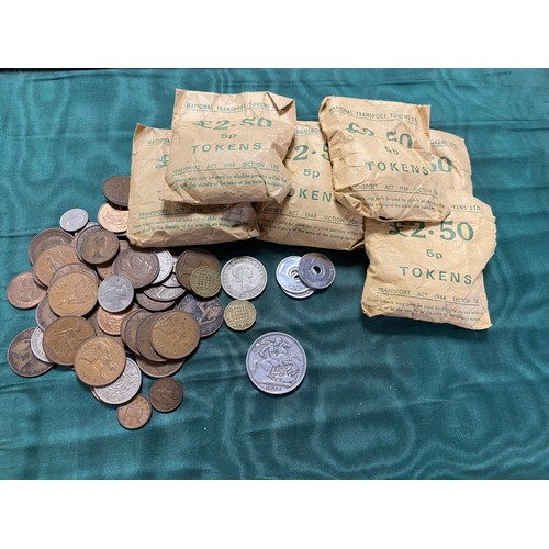 Coins: an 1899 silver crown, other coins and a quantity of transport ...