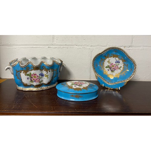 A French powder blue cache pot, dish, and covered oval box, each piece ...