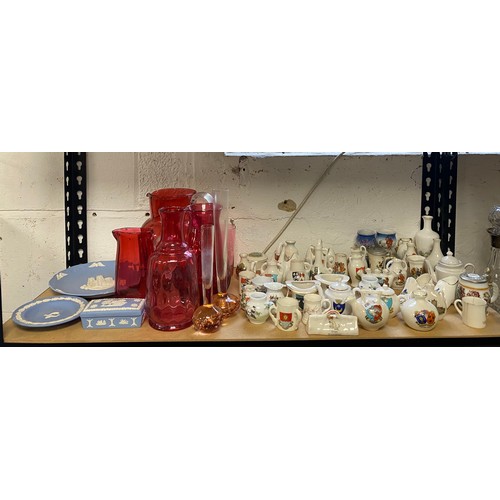 A mixed lot of china and glass, to include cranberry jug and Goss ...