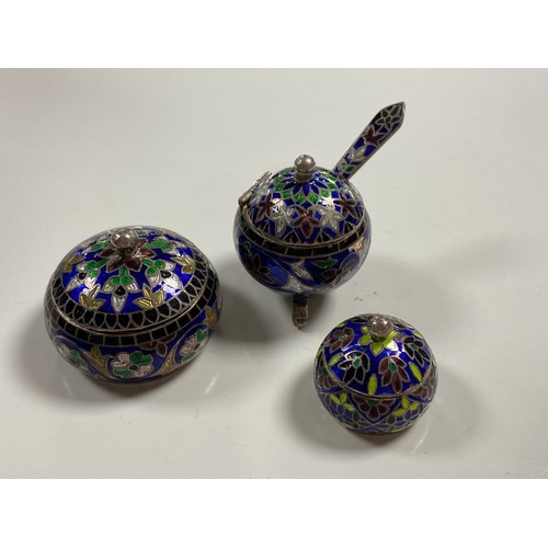 A three piece Chinese enamelled cruet, stamped 925