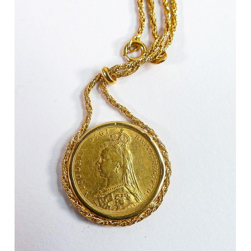 Gold Full sovereign dated 1888 in 9ct gold mount & necklace, 13g.
