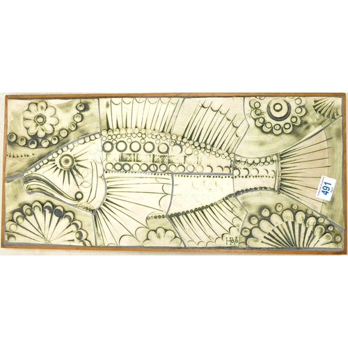 Mid Century Resin Wall Plaque of Fish, signed Hoyo, length 60cm