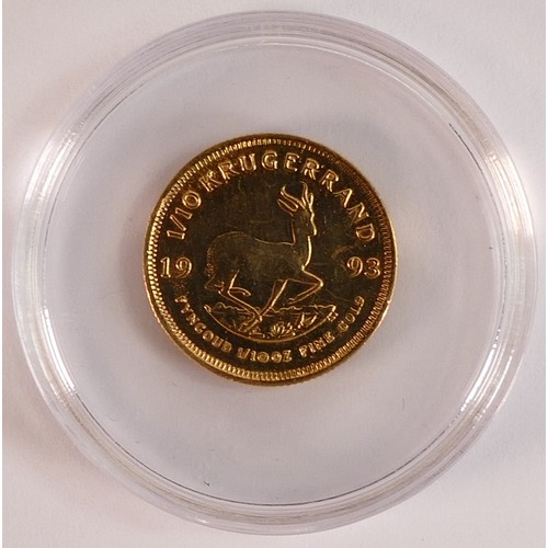 22ct Gold 1/10th oz Krugerrand coin dated 1993, 3.5g.