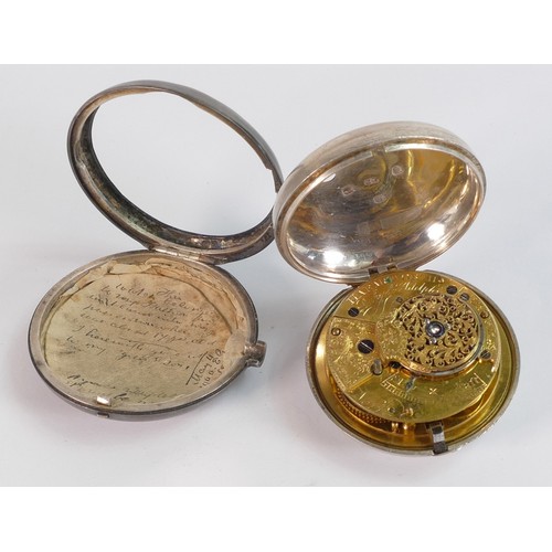 18th century silver pair cased Verge watch, both outer and inner case ...