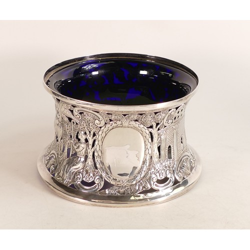 Impressive silver Irish Potato ring and blue glass liner. Bears clear ...