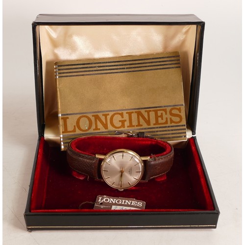 9ct gold Longines gentleman's mechanical wristwatch with brown leather ...
