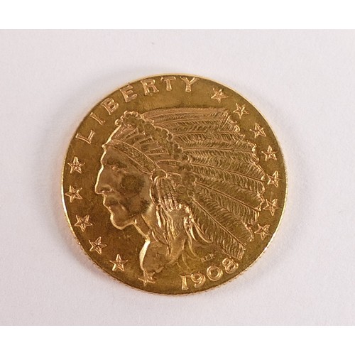 USA gold Two and half dollar coin dated 1908, 4.1g.
