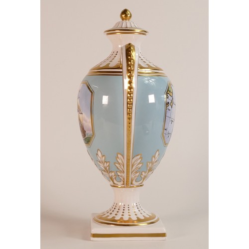 Spode, 'The Armada Vase'. Twin handled lidded vase with light blue ...