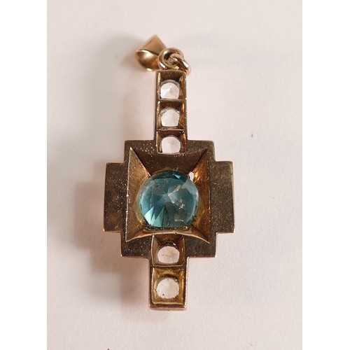 Art Deco style Gold & gem set pendant, white Sapphires & blue Topaz or ...