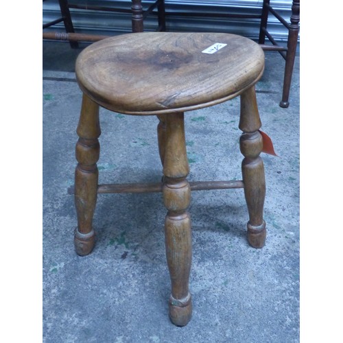 Pitch pine four legged stool on turned, stretchered supports, height ...