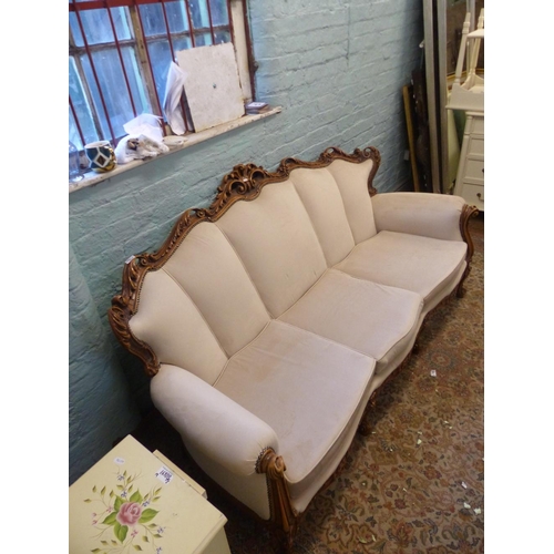 Heavily Carved Walnut French style salon suite. Comprising large 3 seater (W195cm x 98cm) and 2x Arm