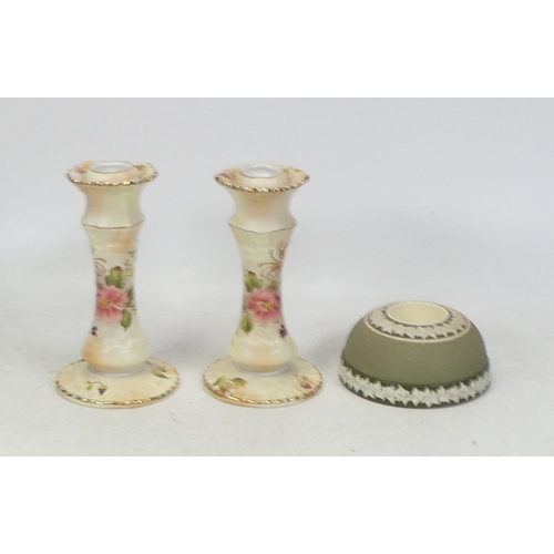 Two Carltonware Blush Candlesticks Depicting Floral Designs 15cm Tall ...