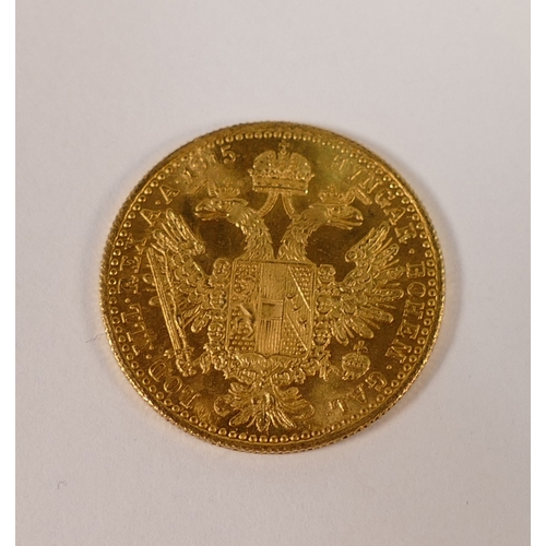 Austrian 23ct one ducat gold coin, 1915, superb condition, 3.5g.