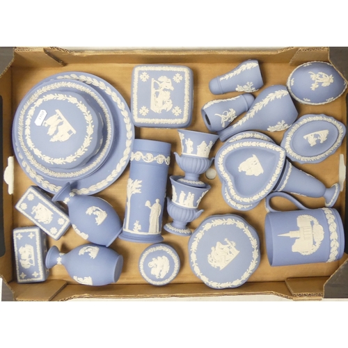 Wedgwood powder blue jasperware to include lidded trinket boxes, salt ...