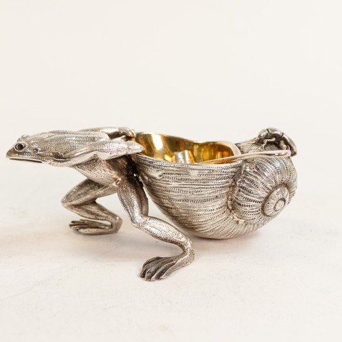 Unusual large and heavy Silver plated 'frog with snail' salt with ...
