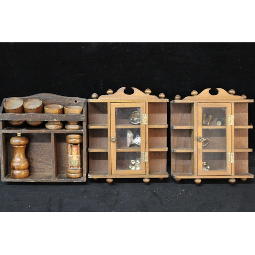 Three miniature cupboards and contents - 21cmH