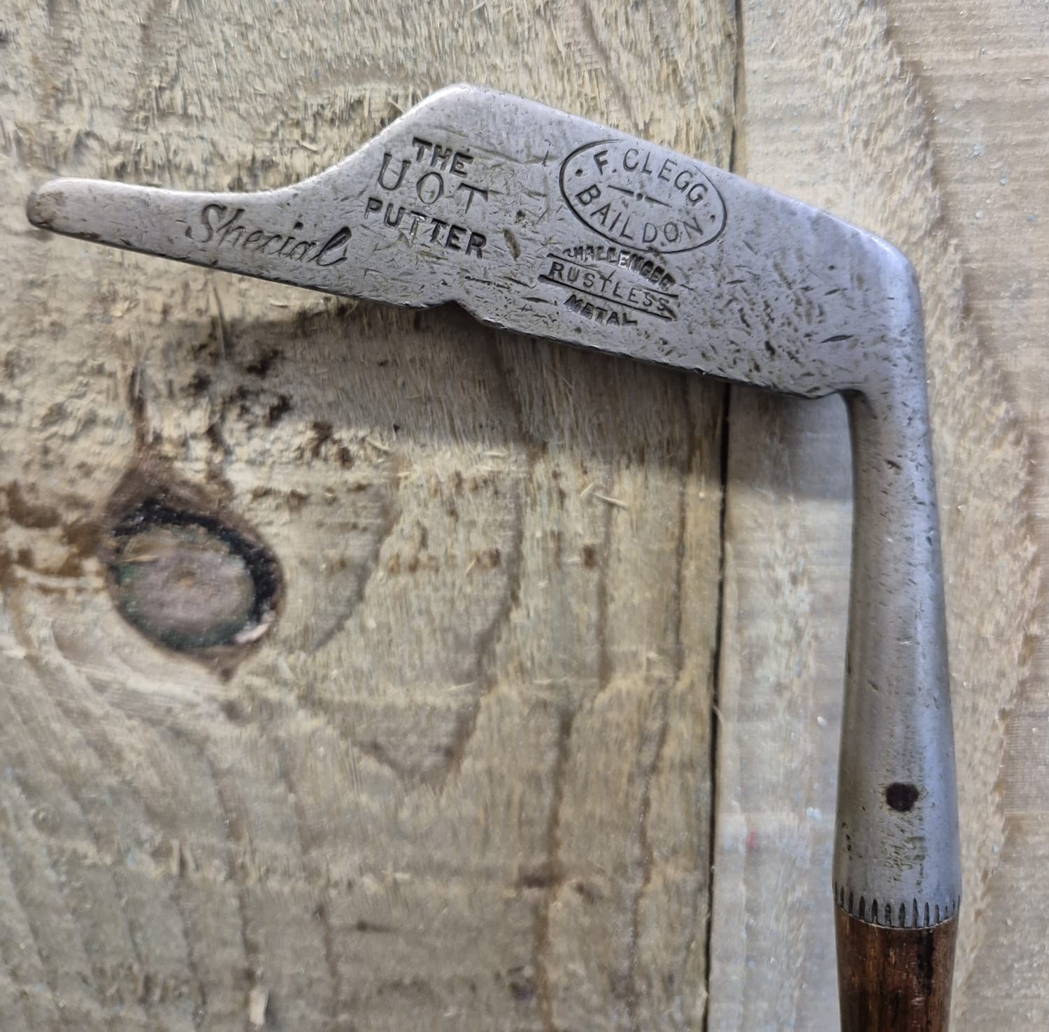 Antique hickory shaft golf putter; 'The UOT Putter' unusual shaped head ...