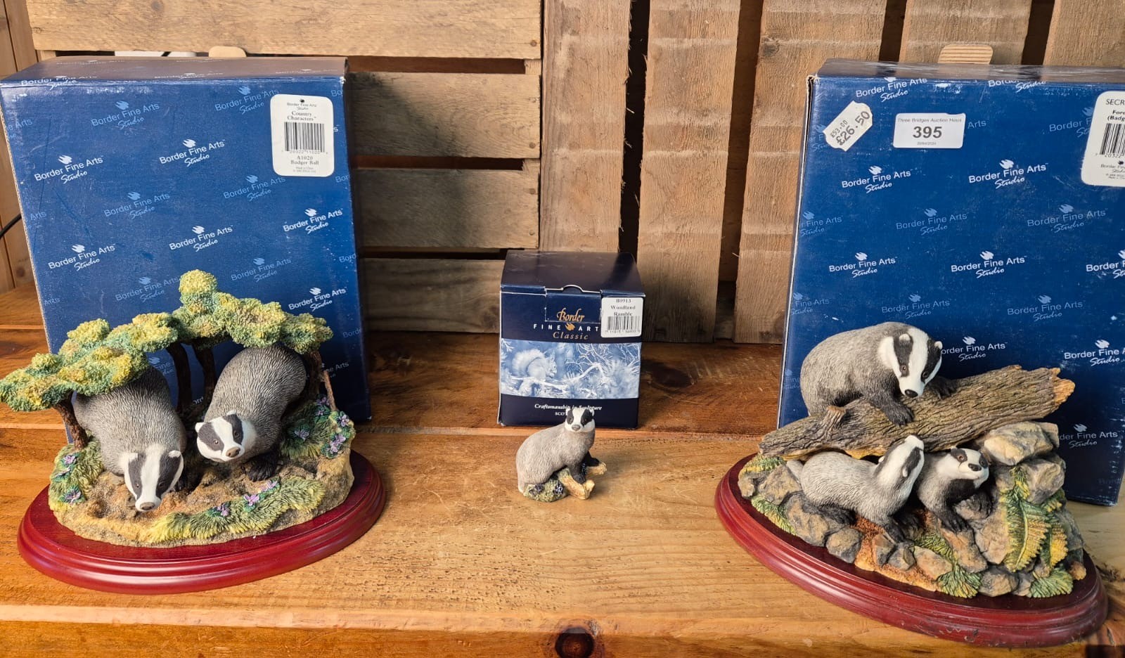 Three boxed Border Fine Art figures of Badgers "Badger Family, Woodland ...