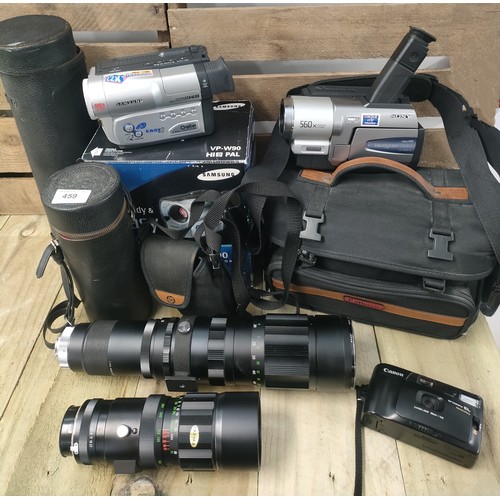 A selection of camera lenses & camcorders, Samsung camcorder, Sony 560x ...