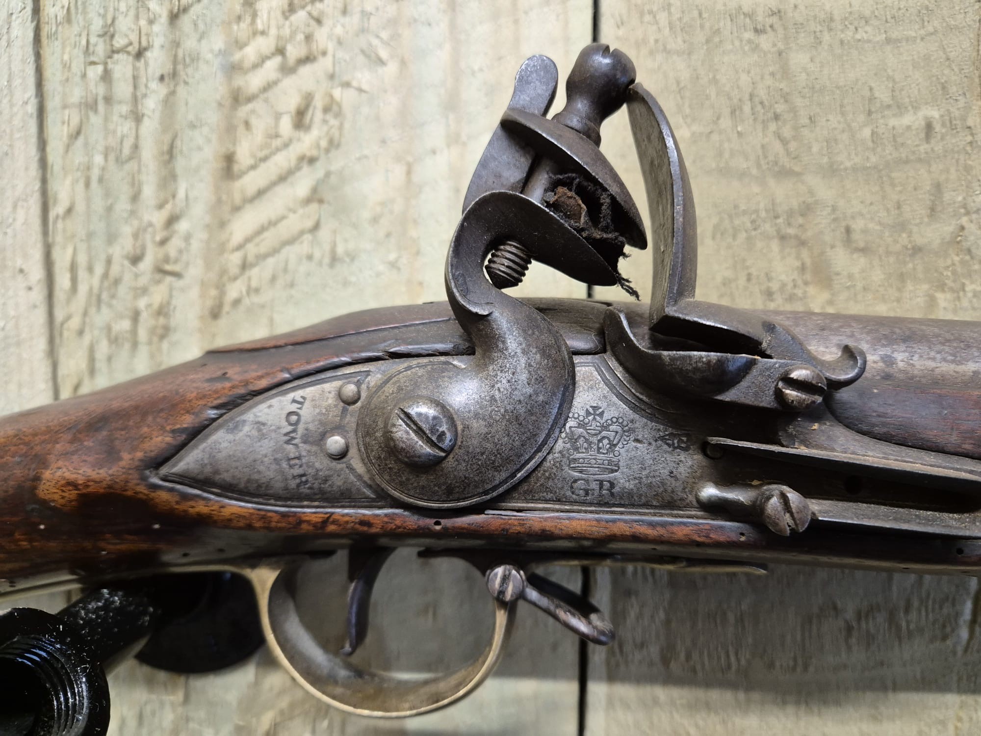 19th century military flint lock rifle. Stamped with crown GR. & TOWER ...