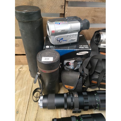 214 - A selection of camera lenses & camcorders, Samsung camcorder ...