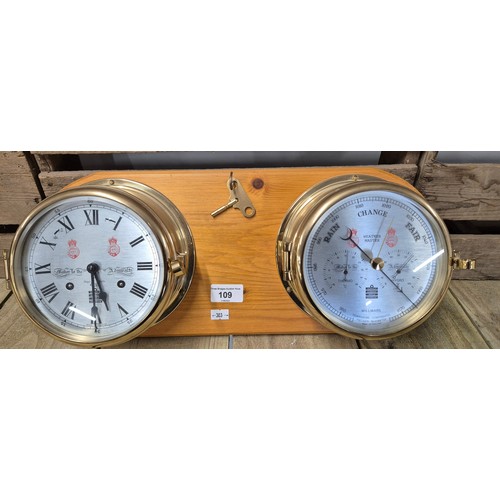 A Sewills of Liverpool, ships brass bulkhead clock & barometer mounted ...