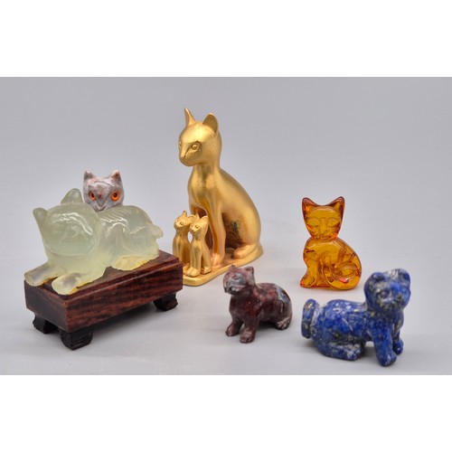 A Collection of Miniature cat sculptures; Amber cat, Lapis Lazuli cat ...