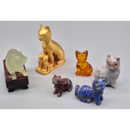 A Collection of Miniature cat sculptures; Amber cat, Lapis Lazuli cat ...