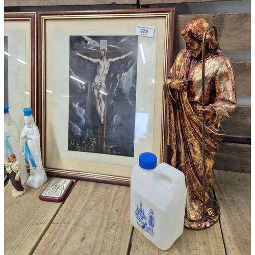 A Selection of religious items; Holy Water, figures and prints.
