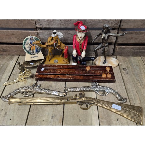 A selection of collectables; bronze style pharaoh figure, brass wall ...