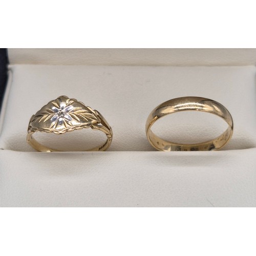 Two 9ct yellow gold rings; 9ct Wedding band ring- Ring size N, 9ct and ...
