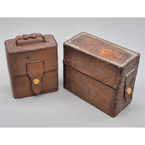 Two Antique Travelling glass flask sets with metal stoppers in fitted ...