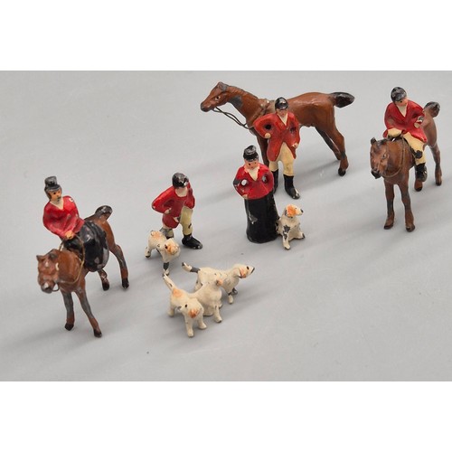 Miniature hand painted lead fox hunting group figures and dogs.
