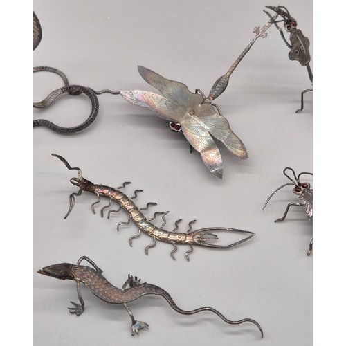 A Selection of Asian Silver insects, snake and lizard sculptures. Some ...