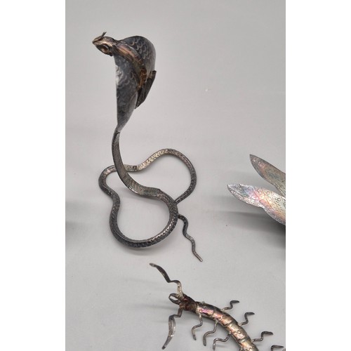 A Selection of Asian Silver insects, snake and lizard sculptures. Some ...