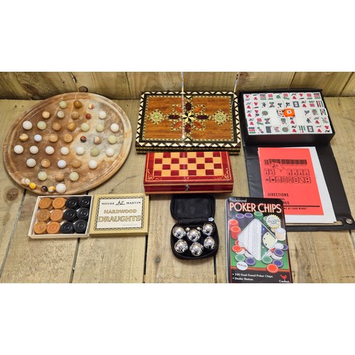 Selection of vintage games; Solitaire marble game, Mahjong and others.